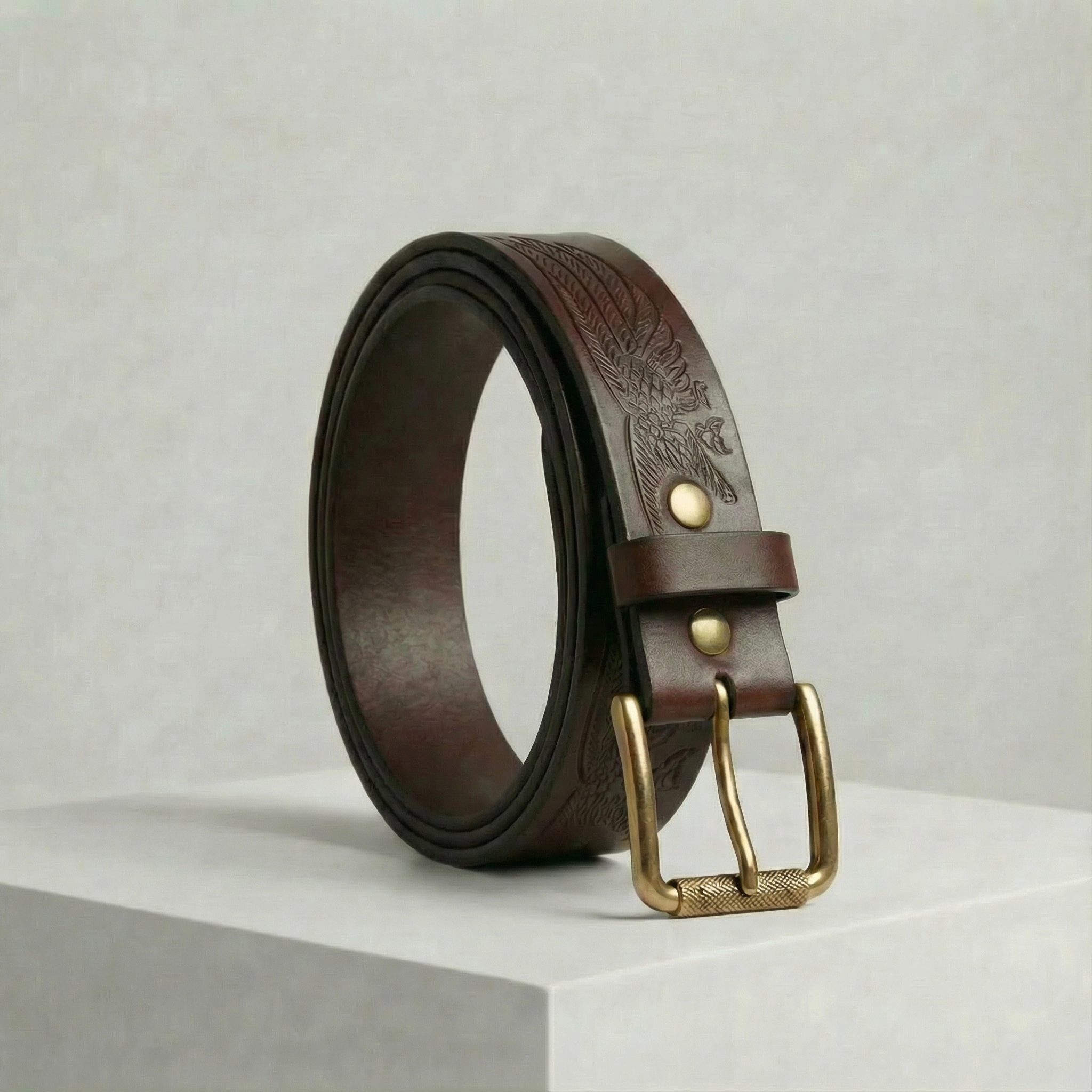 Full-grain leather belt with embossed serpent texture. Brushed ...